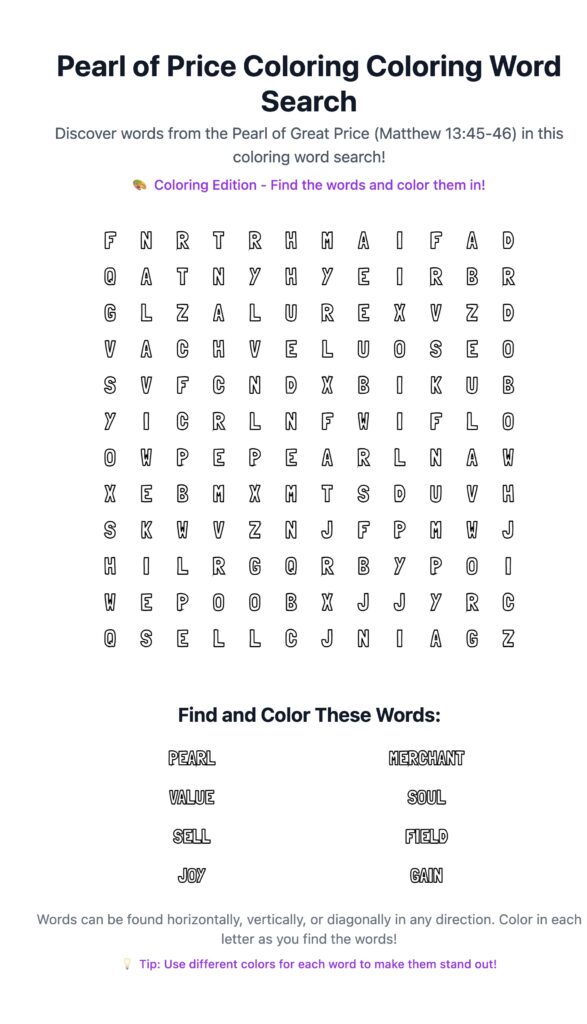 Pearl of Price Coloring Word Search - Free Bible Worksheets