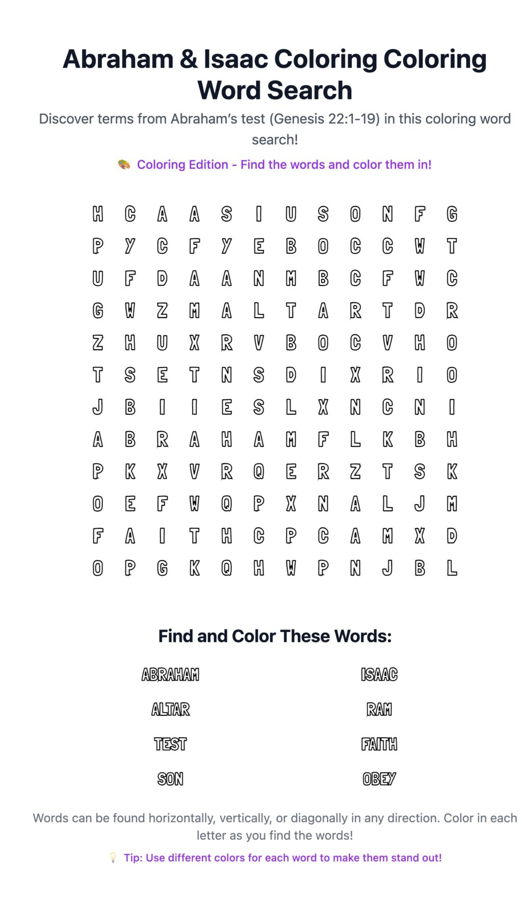 Abraham & Isaac Coloring Word Search