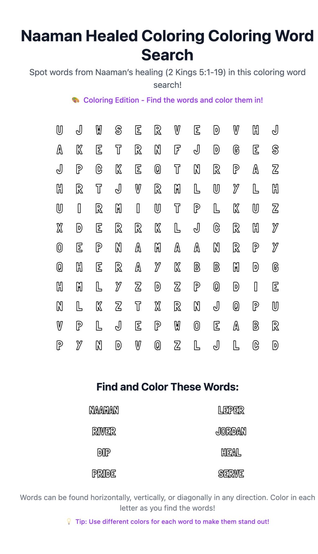 Naaman Healed Coloring Word Search