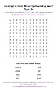 Raising Lazarus Coloring Word Search - Free Bible Worksheets
