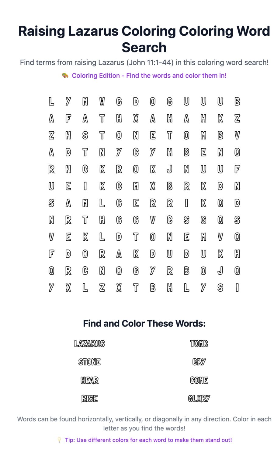 Raising Lazarus Coloring Word Search - Free Bible Worksheets