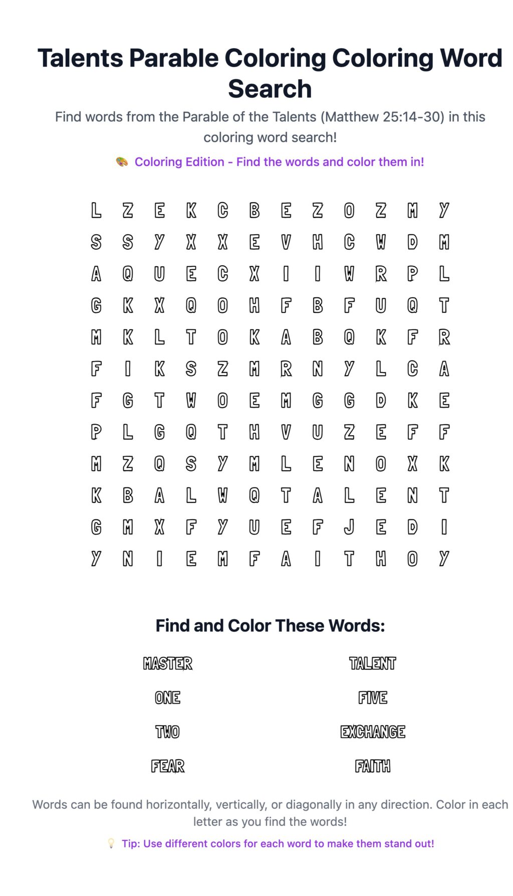 Talents Parable Coloring Word Search
