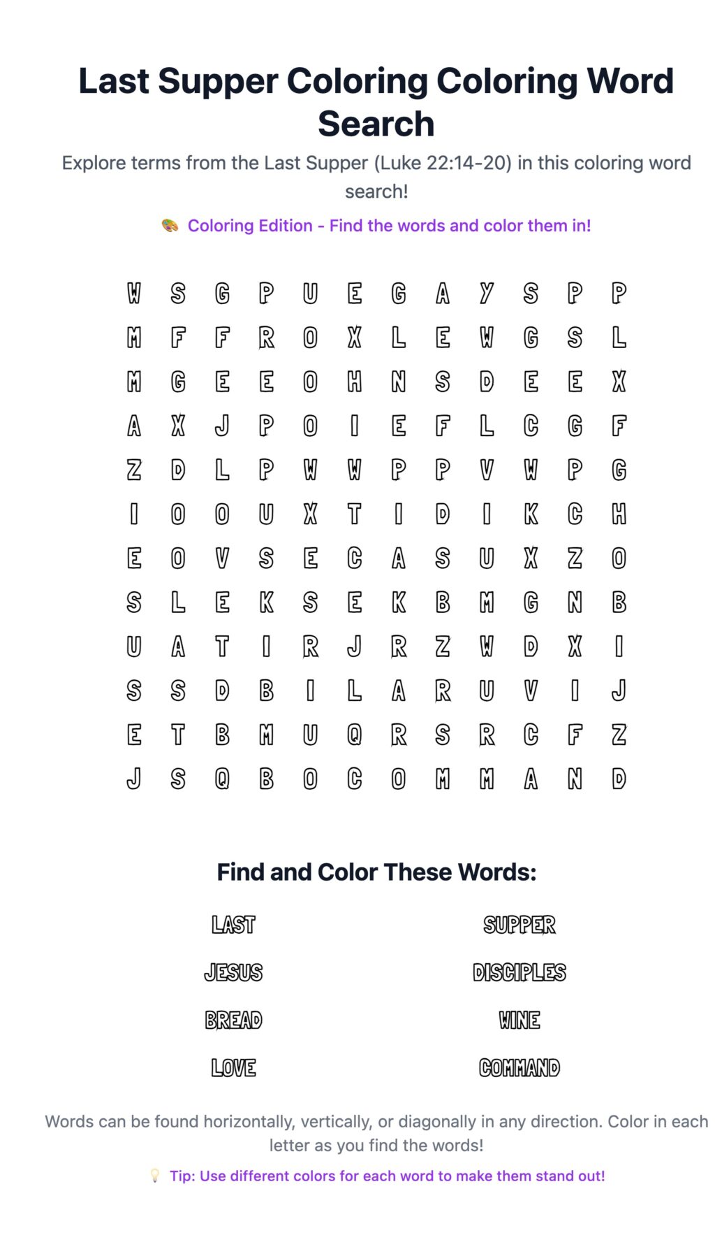 Last Supper Coloring Word Search