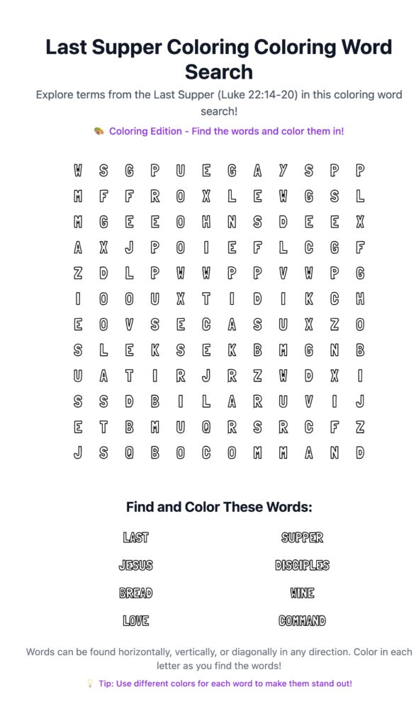 Last Supper Coloring Word Search