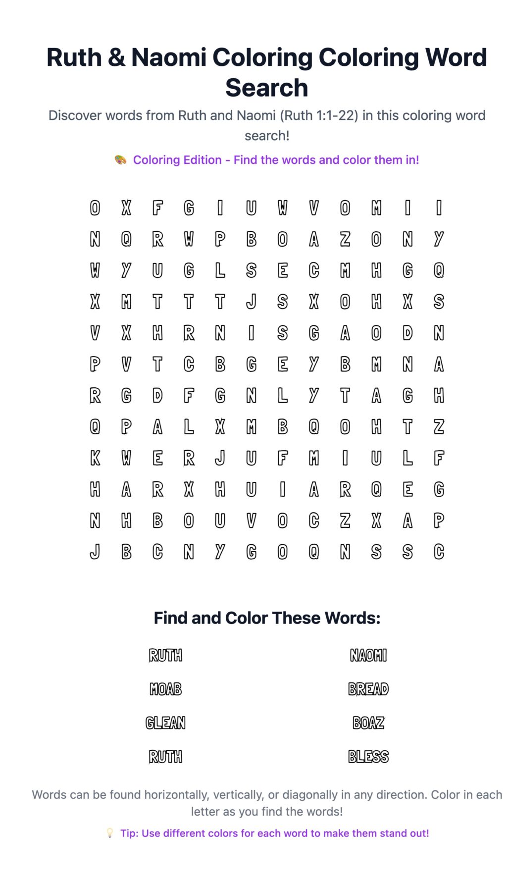 Ruth & Naomi Coloring Word Search