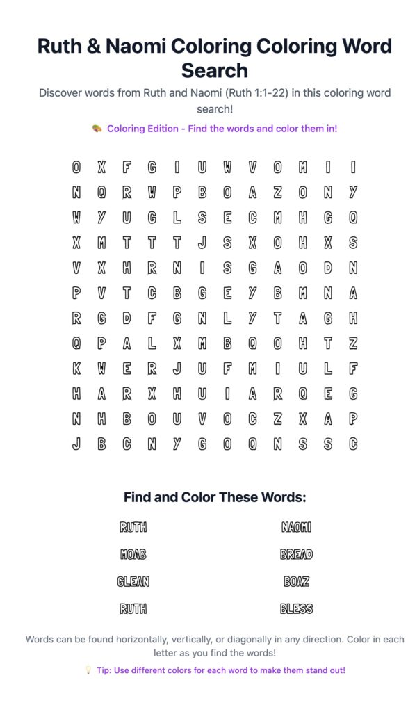 Ruth & Naomi Coloring Word Search - Free Bible Worksheets