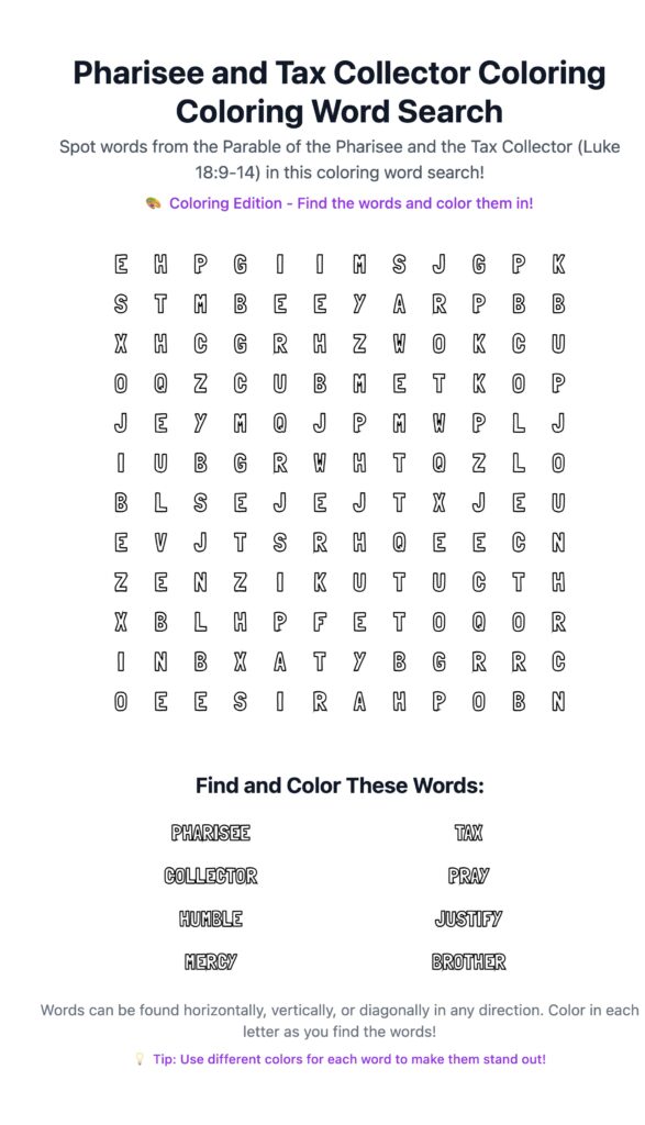 Pharisee and Tax Collector Coloring Word Search