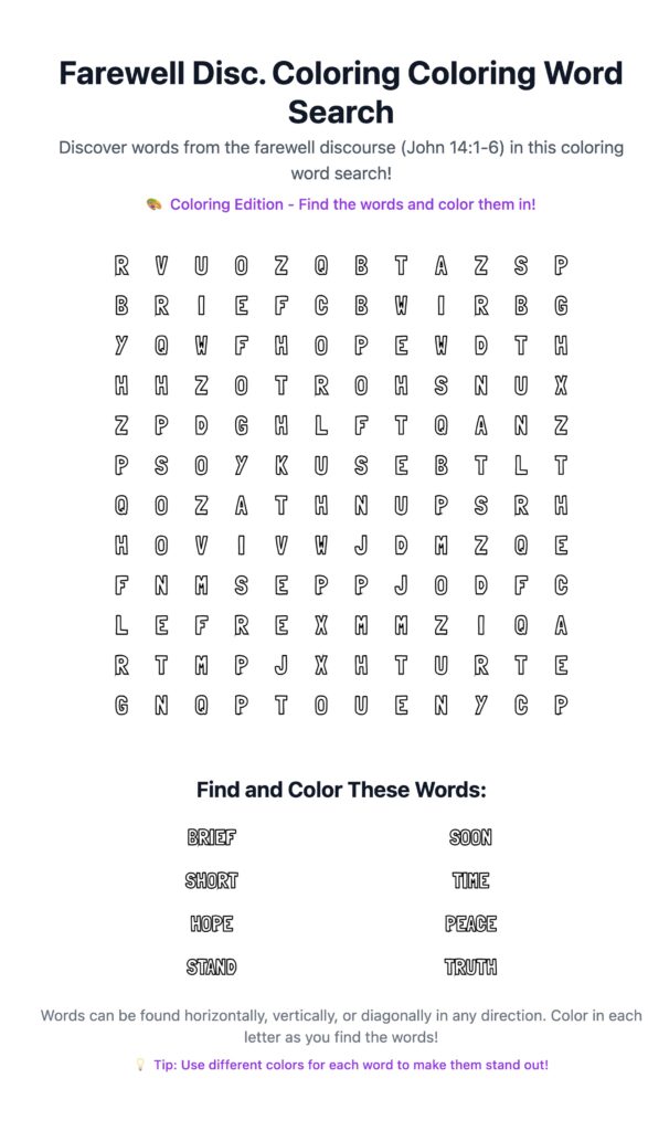 Farewell Disc. Coloring Word Search - Free Bible Worksheets