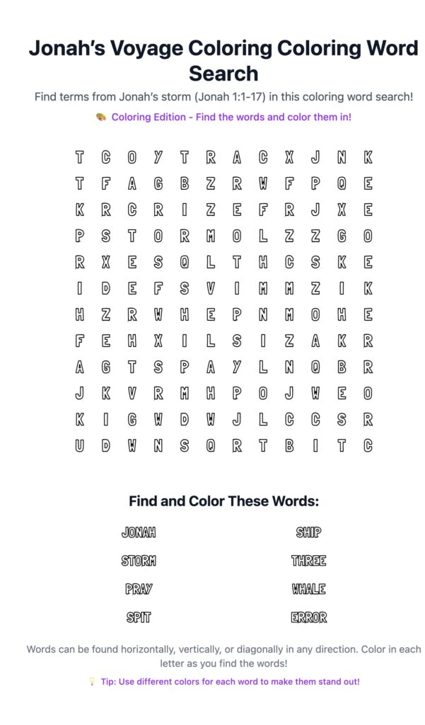 Jonah’s Voyage Coloring Word Search - Free Bible Worksheets
