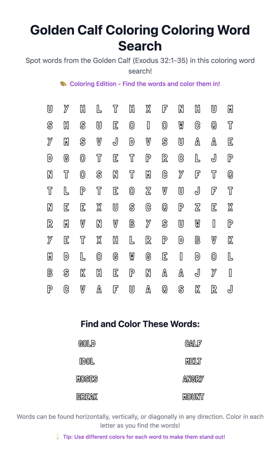 Golden Calf Coloring Word Search