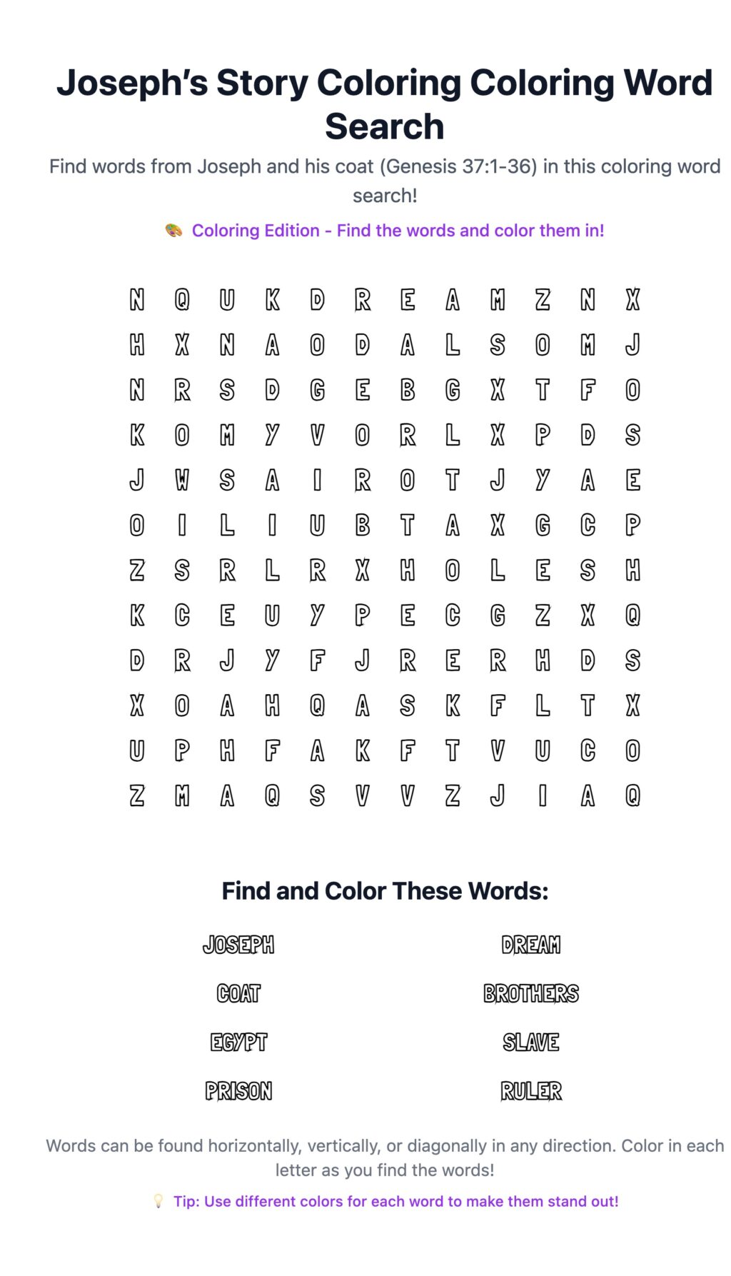 Joseph’s Story Coloring Word Search