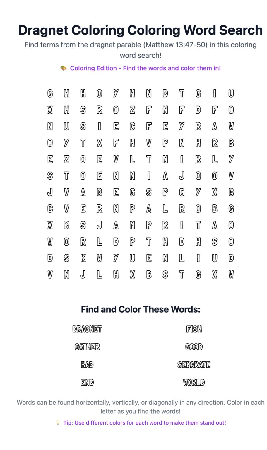 Dragnet Coloring Word Search
