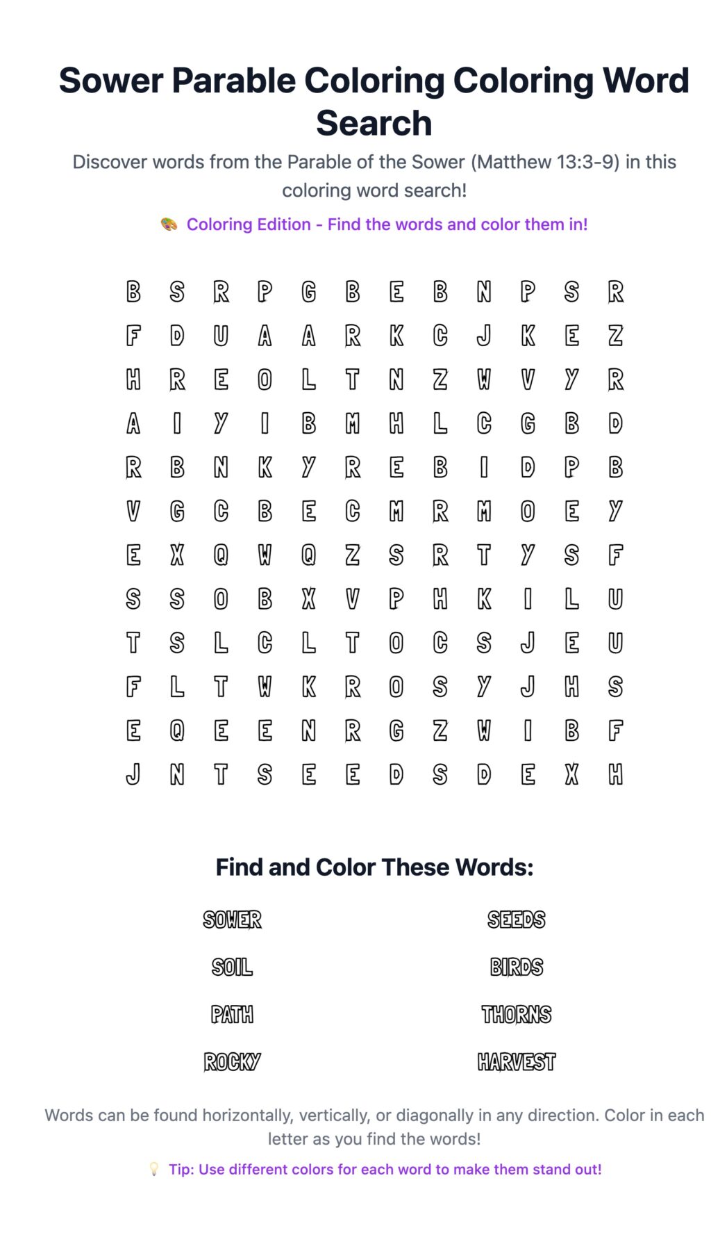 Sower Parable Coloring Word Search - Free Bible Worksheets