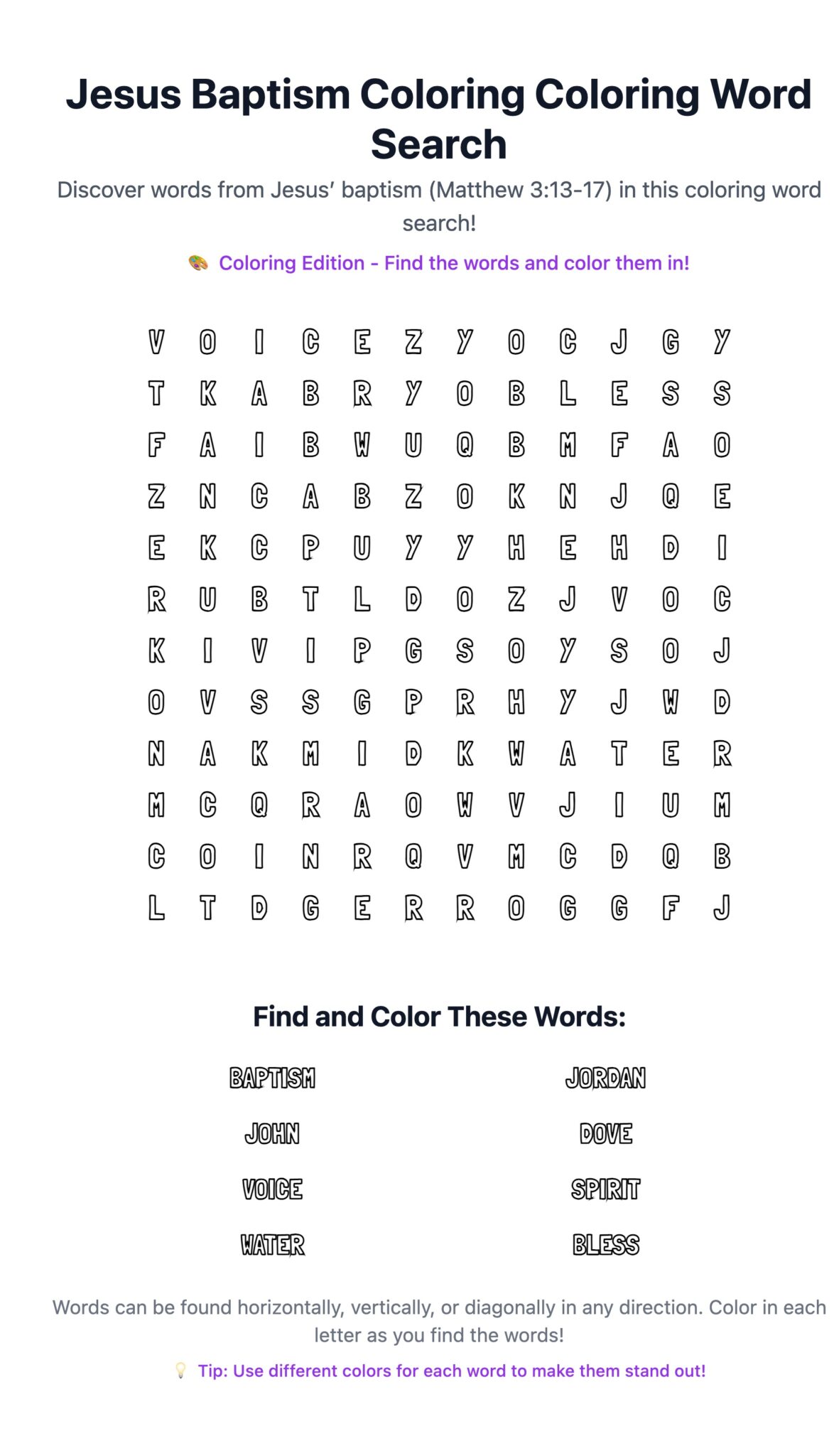 Jesus Baptism Coloring Word Search
