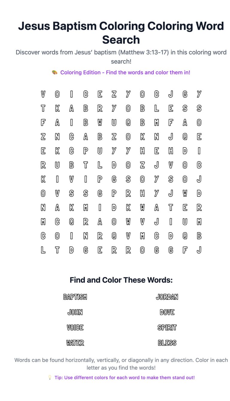 Jesus Baptism Coloring Word Search - Free Bible Worksheets