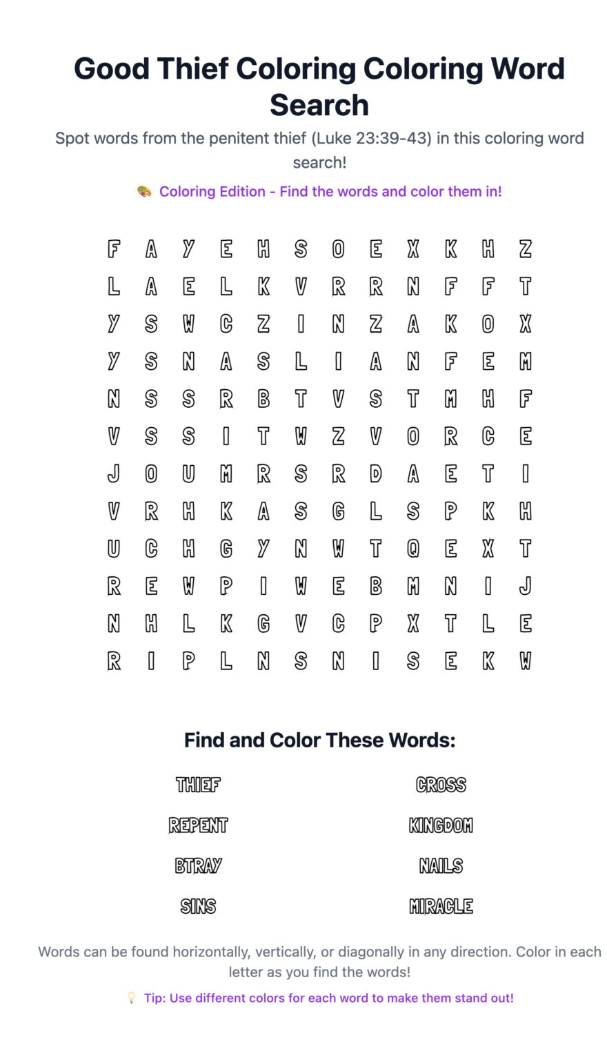 Good Thief Coloring Word Search - Free Bible Worksheets
