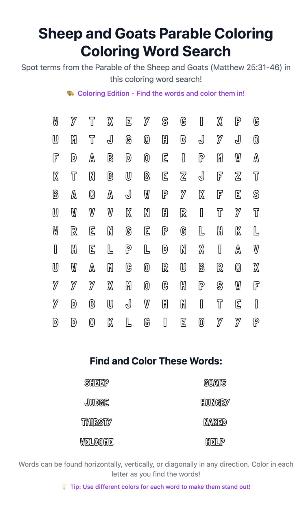 Sheep and Goats Parable Coloring Word Search