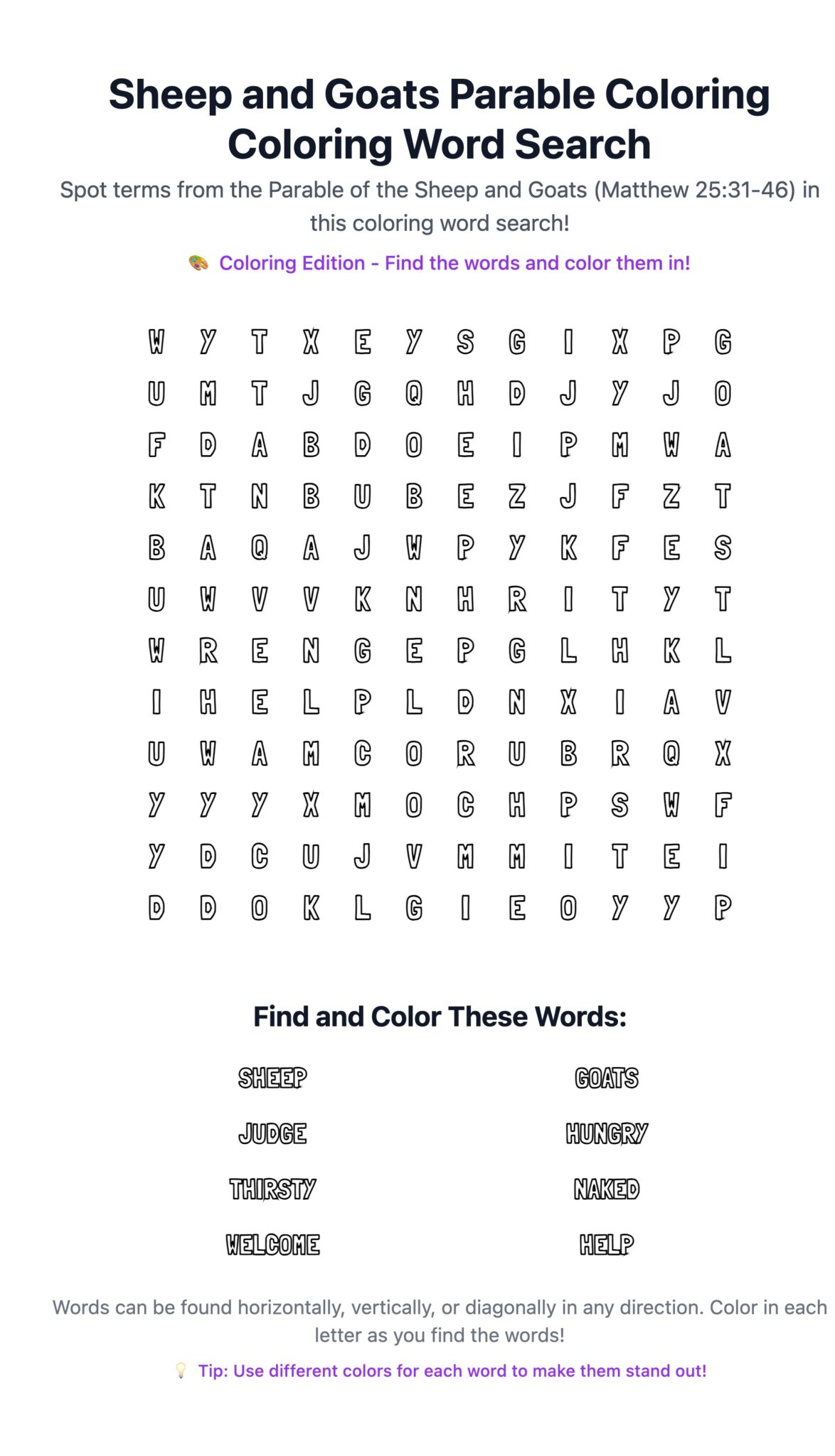 Sheep and Goats Parable Coloring Word Search - Free Bible Worksheets