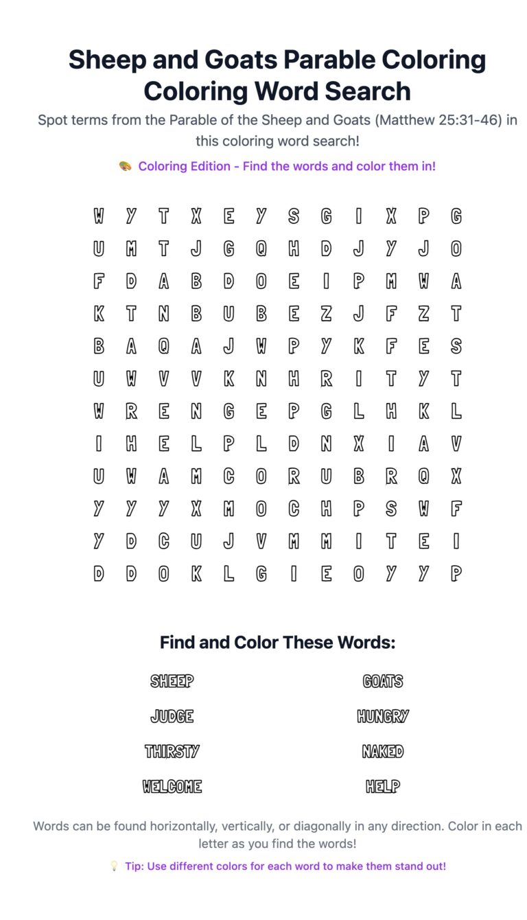 Sheep and Goats Parable Coloring Word Search - Free Bible Worksheets