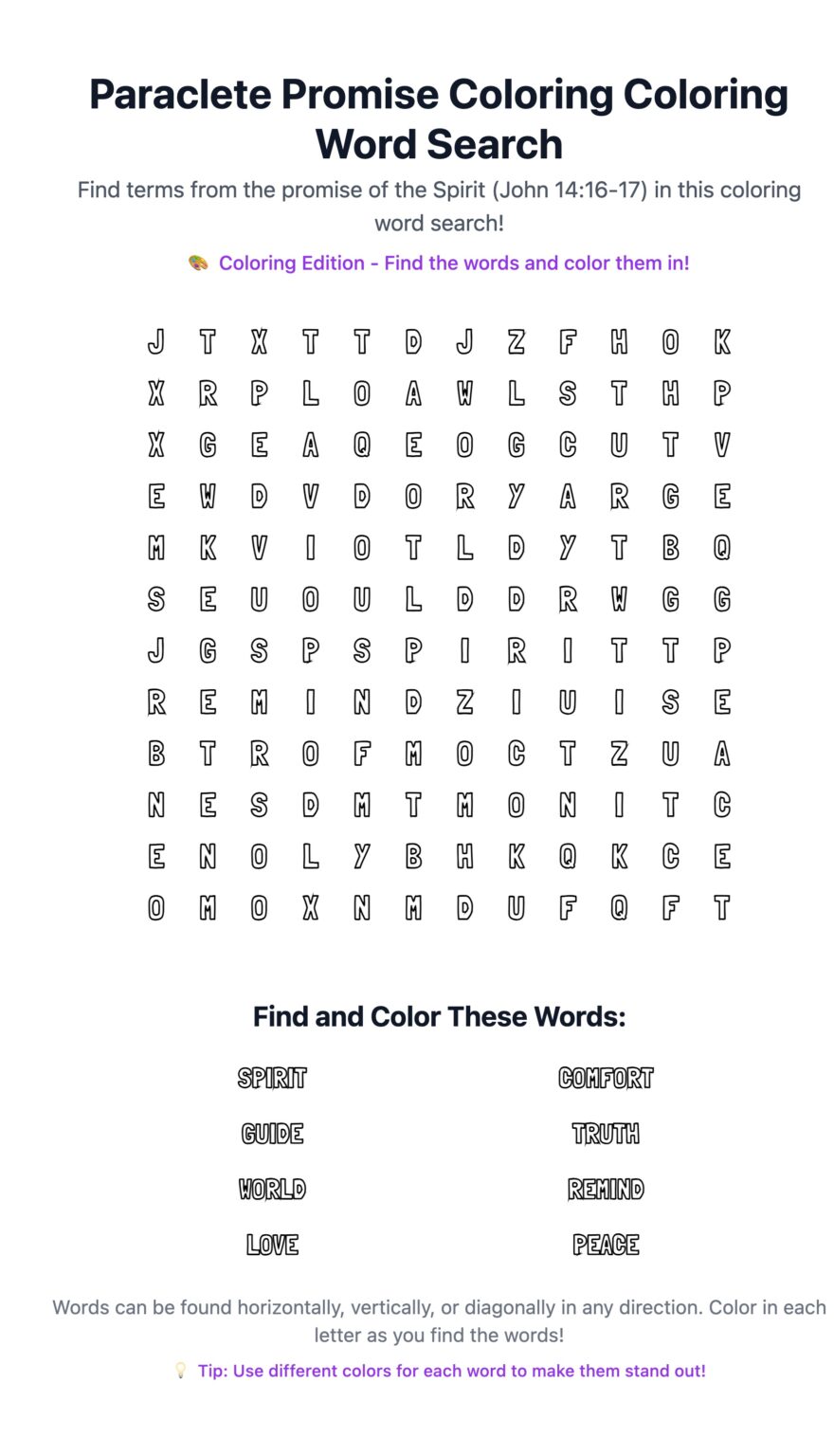 Paraclete Promise Coloring Word Search - Free Bible Worksheets