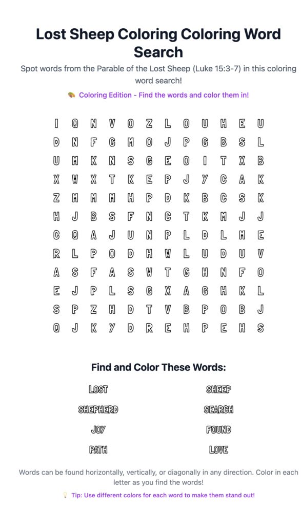 Lost Sheep Coloring Word Search - Free Bible Worksheets