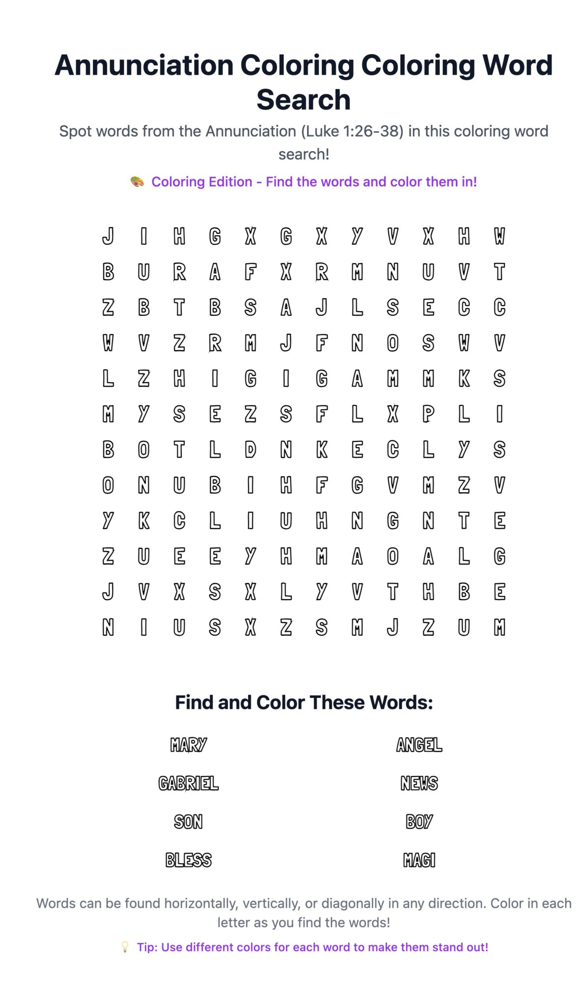 Annunciation Coloring Word Search