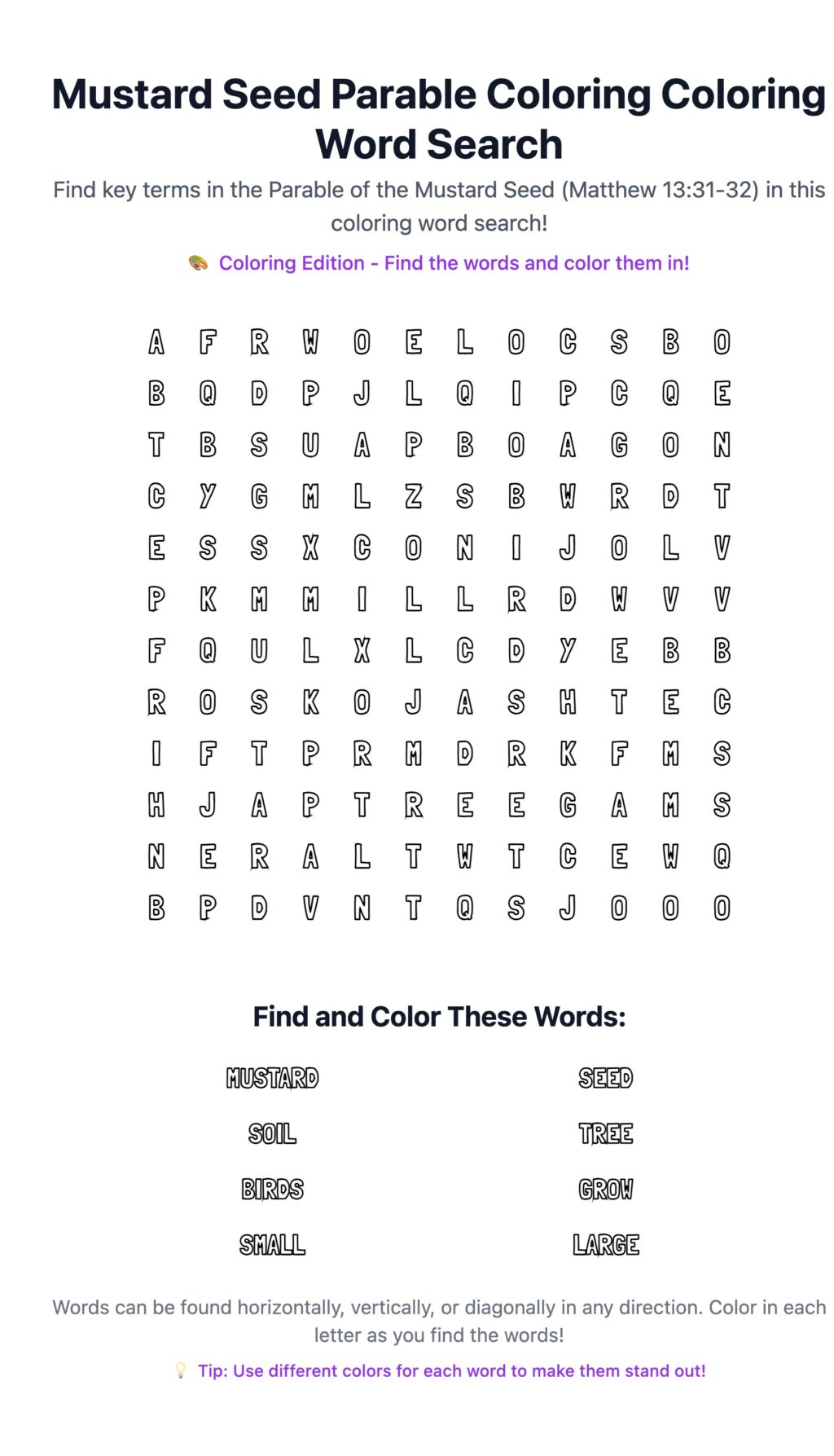 Mustard Seed Parable Coloring Word Search