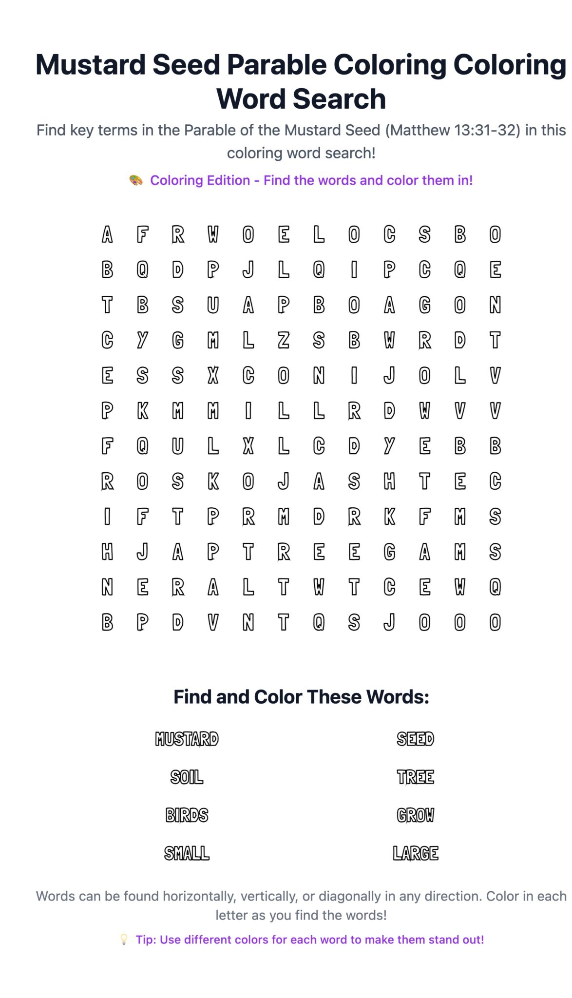 Mustard Seed Parable Coloring Word Search