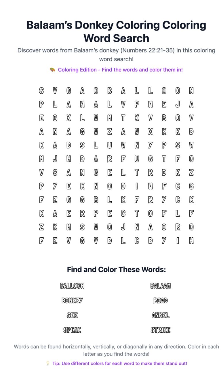 Balaam’s Donkey Coloring Word Search