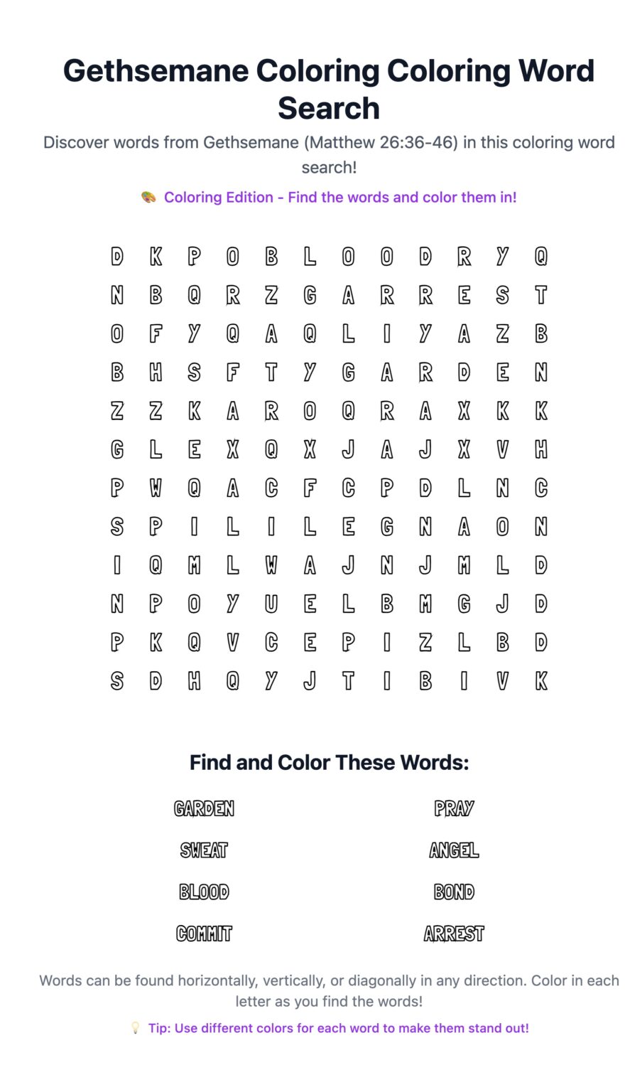 Gethsemane Coloring Word Search - Free Bible Worksheets