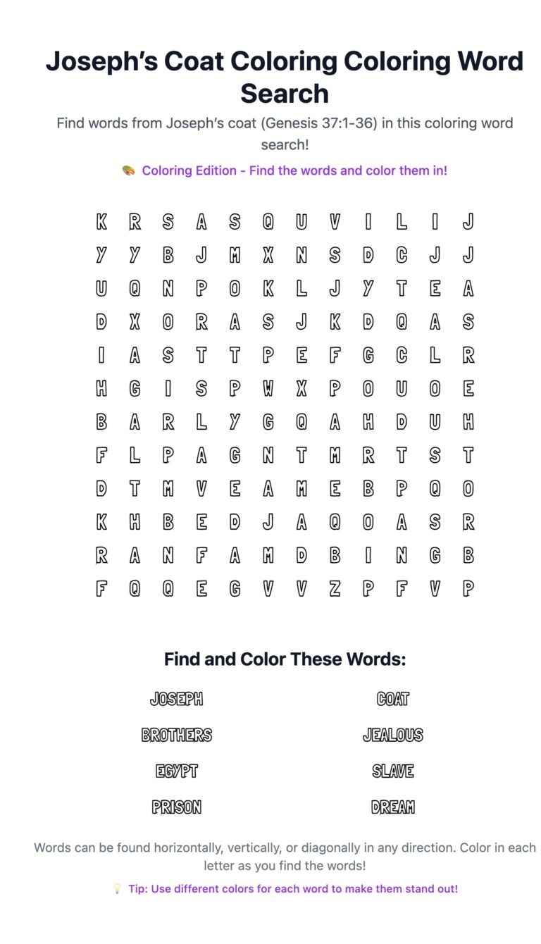 Joseph’s Coat Coloring Word Search