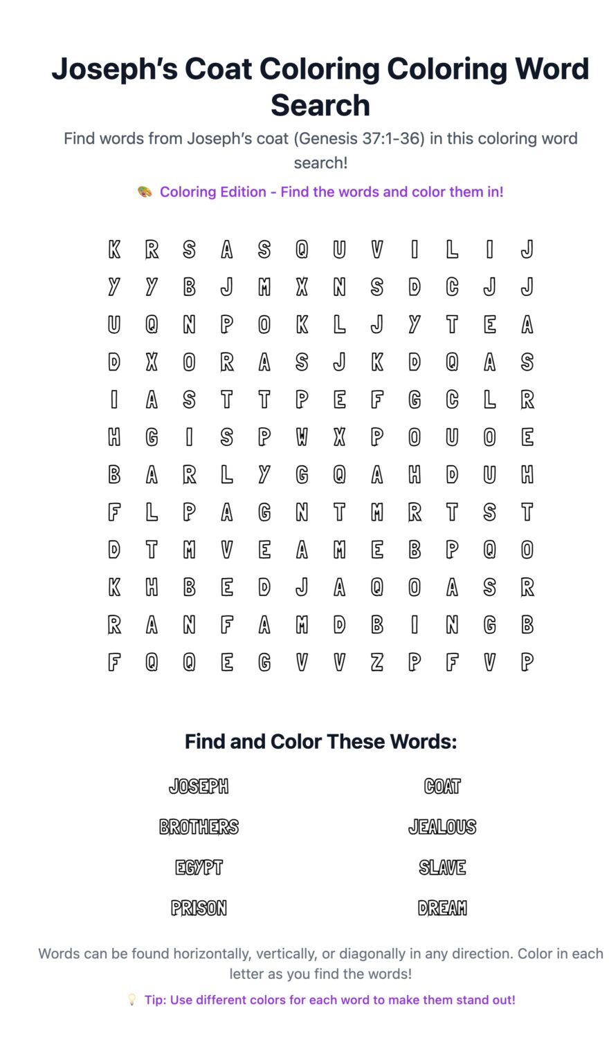 Joseph’s Coat Coloring Word Search - Free Bible Worksheets