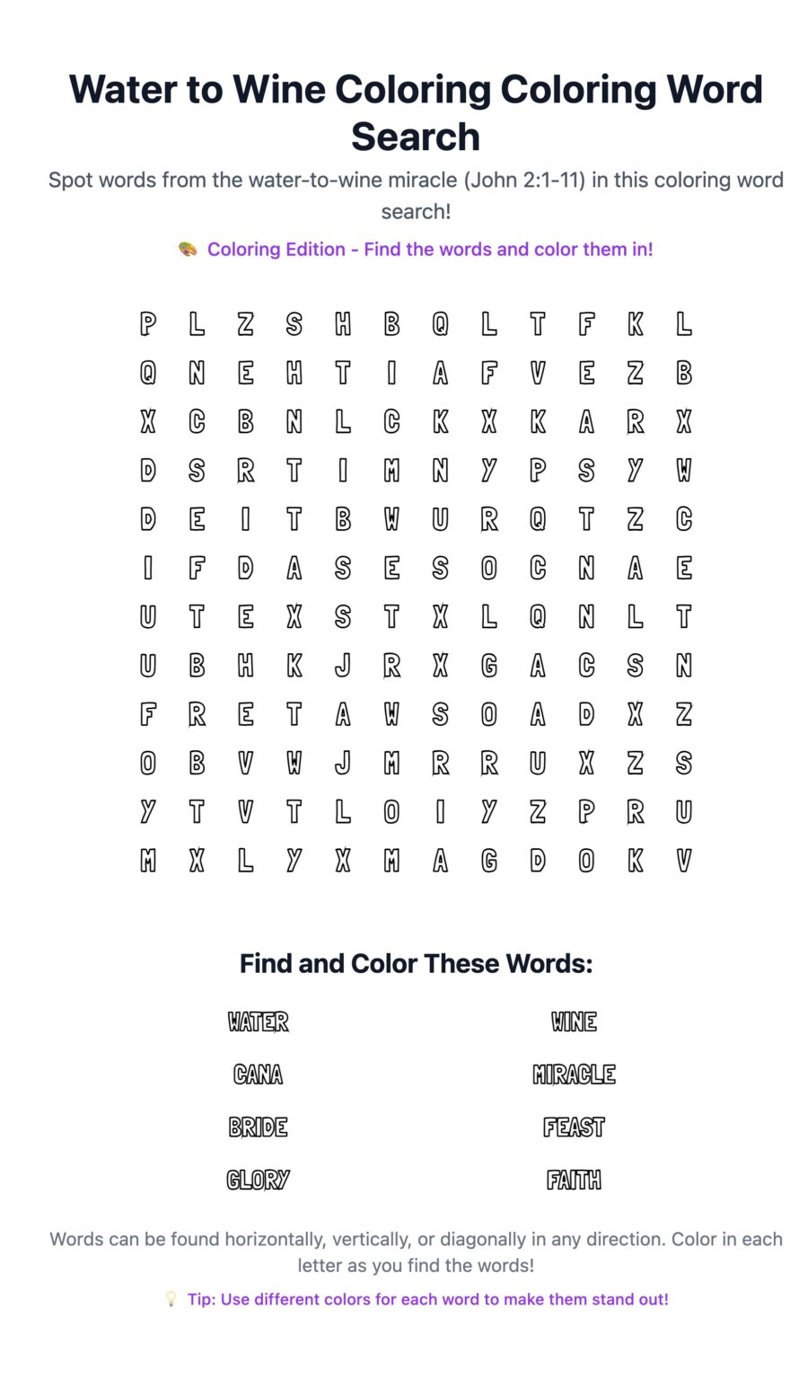 Water to Wine Coloring Word Search