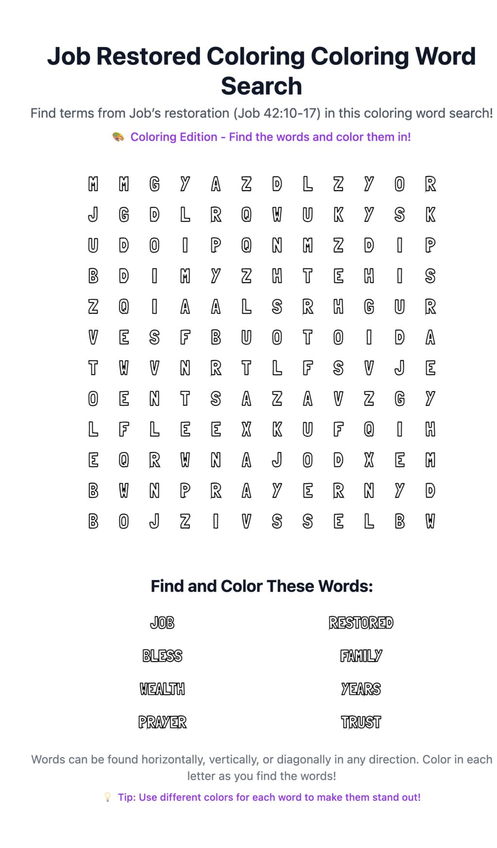Job Restored Coloring Word Search