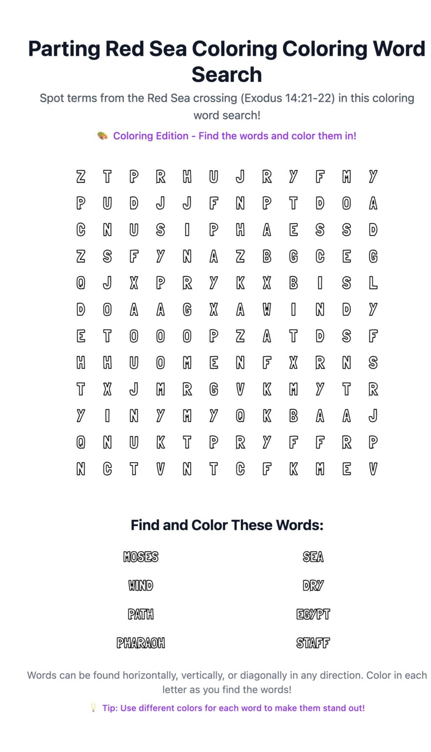 Parting Red Sea Coloring Word Search - Free Bible Worksheets