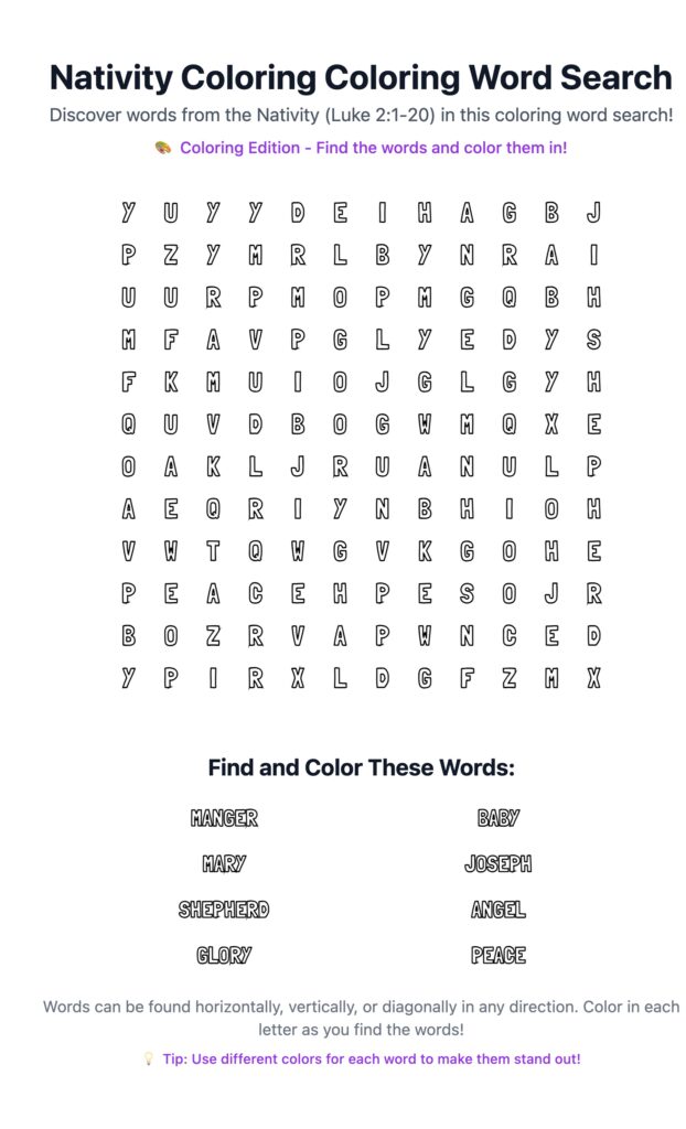Nativity Coloring Word Search - Free Bible Worksheets