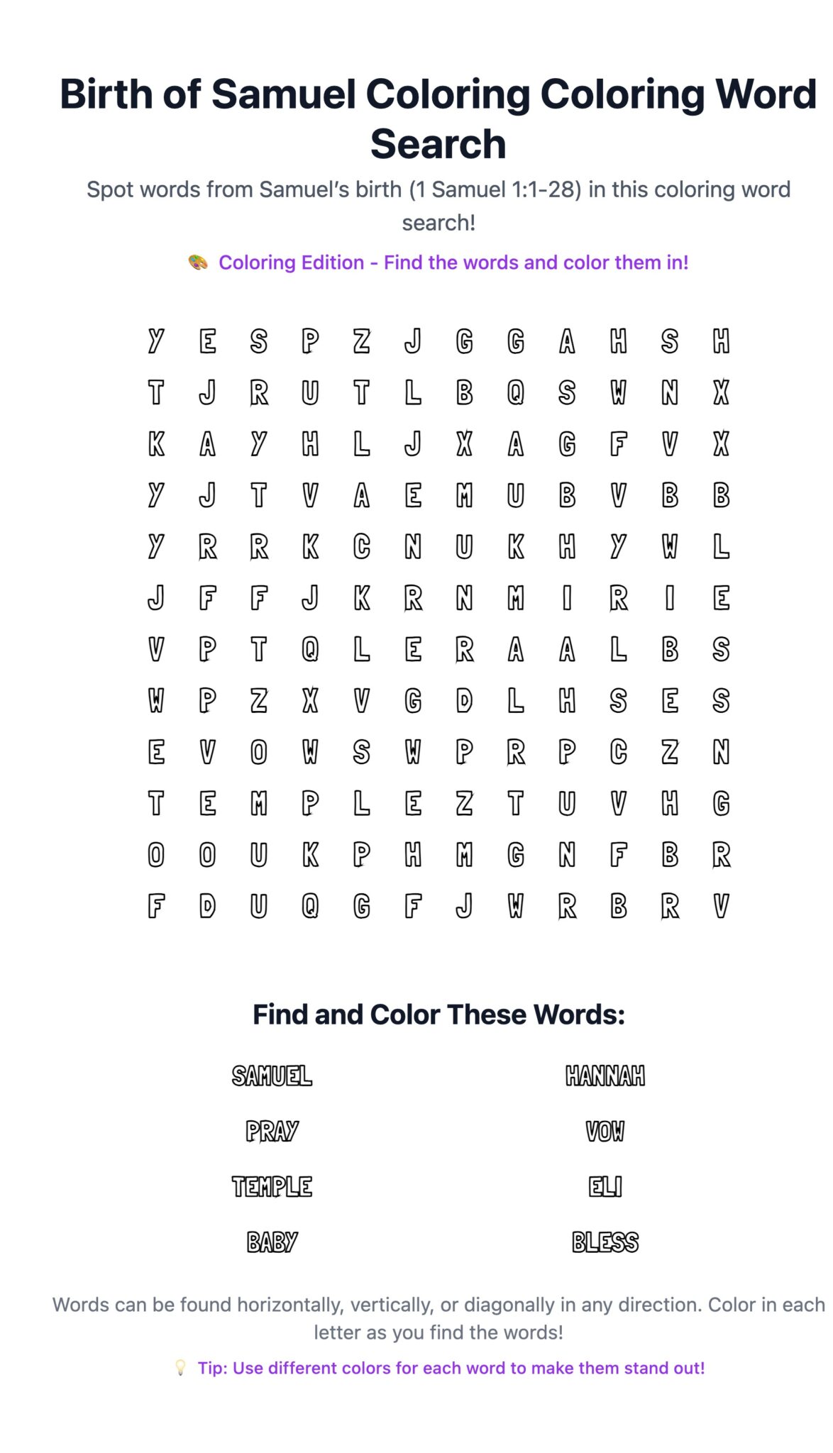 Birth of Samuel Coloring Word Search