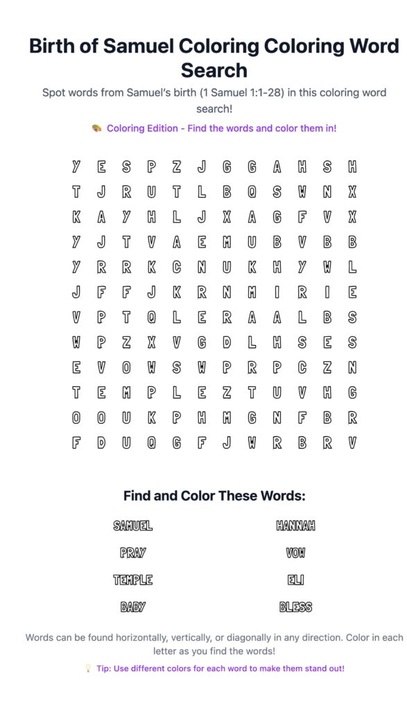 Birth of Samuel Coloring Word Search