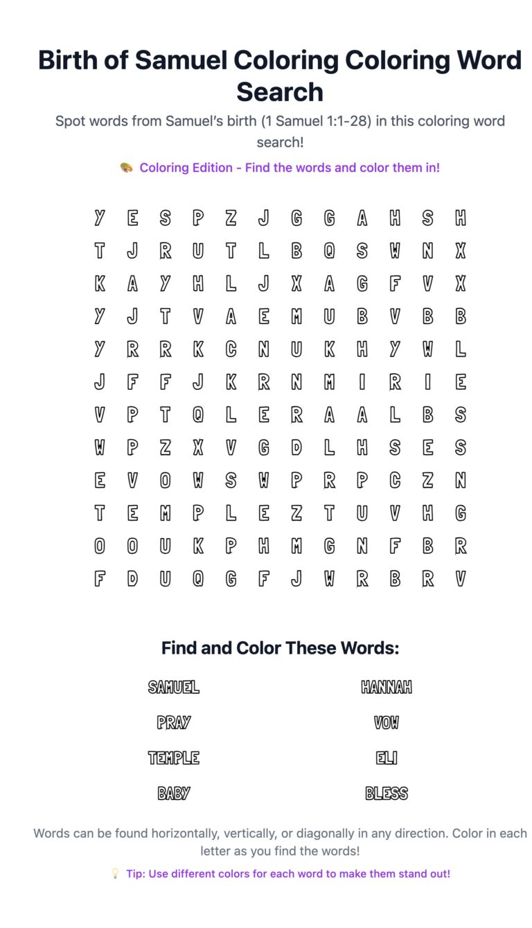 Birth of Samuel Coloring Word Search