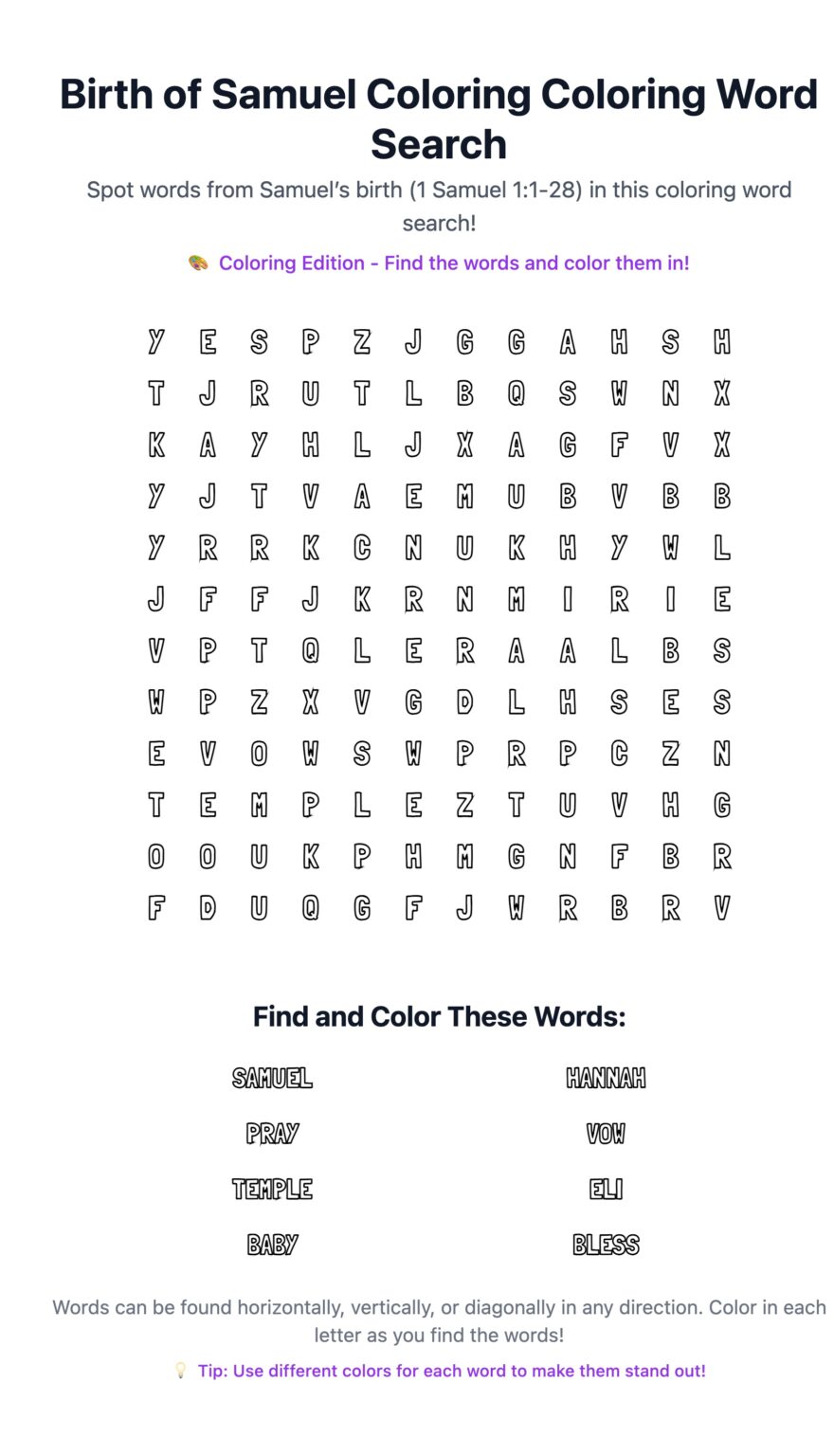 Birth of Samuel Coloring Word Search