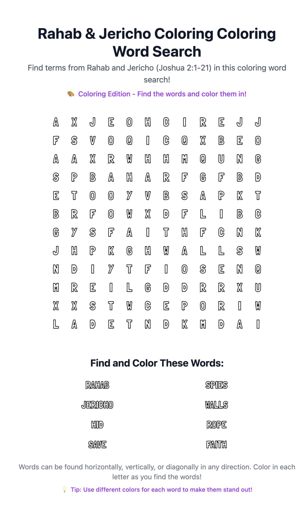 Rahab & Jericho Coloring Word Search