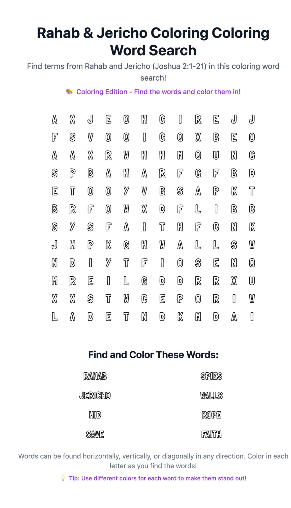 Rahab & Jericho Coloring Word Search