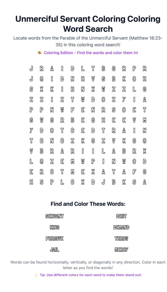 Unmerciful Servant Coloring Word Search