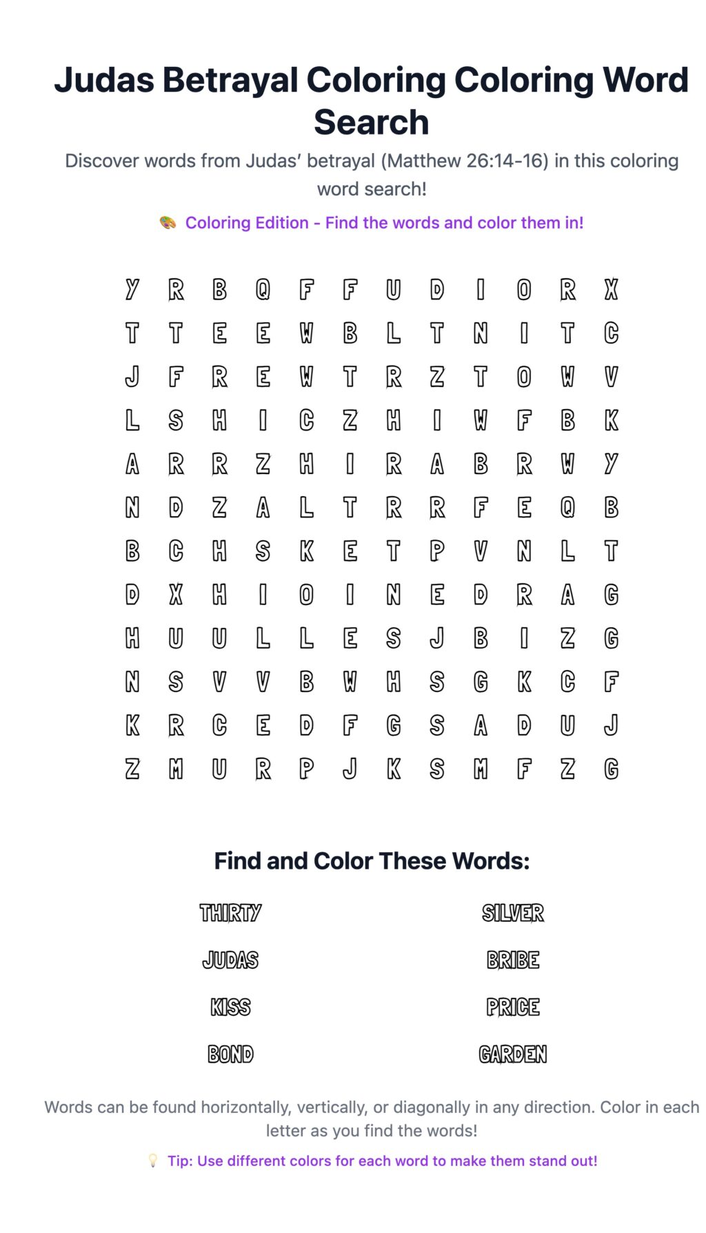 Judas Betrayal Coloring Word Search