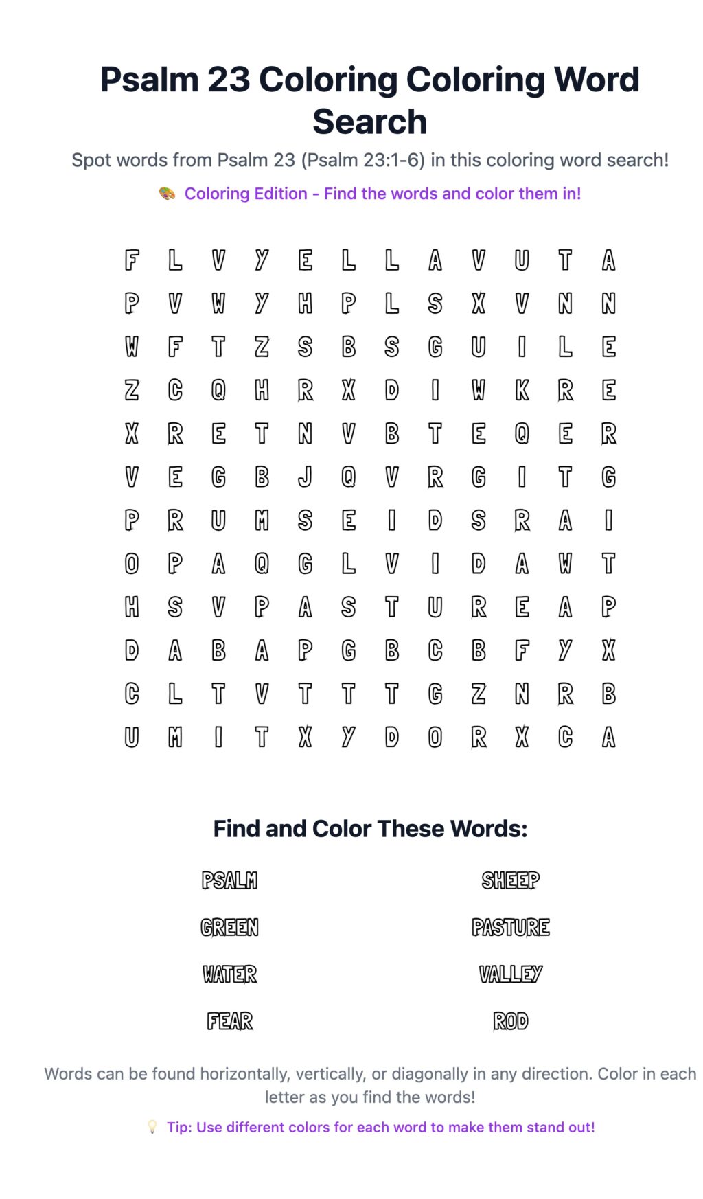 Psalm 23 Coloring Word Search
