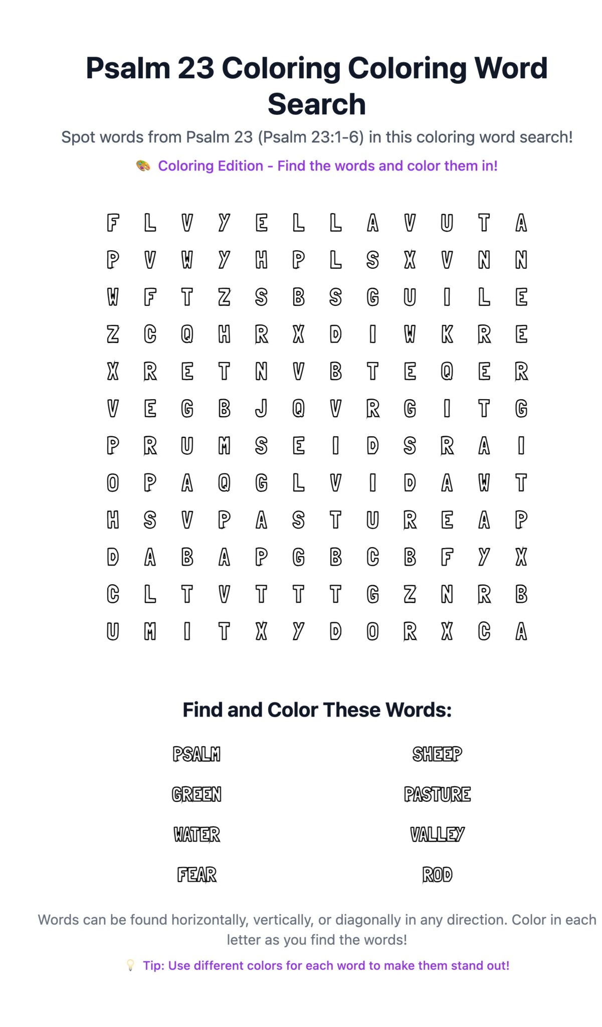 Psalm 23 Coloring Word Search - Free Bible Worksheets