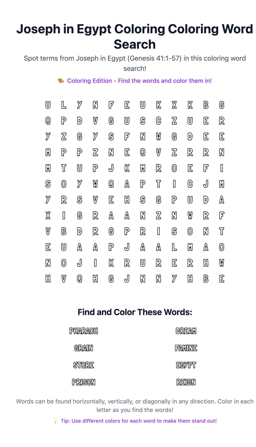 Joseph in Egypt Coloring Word Search