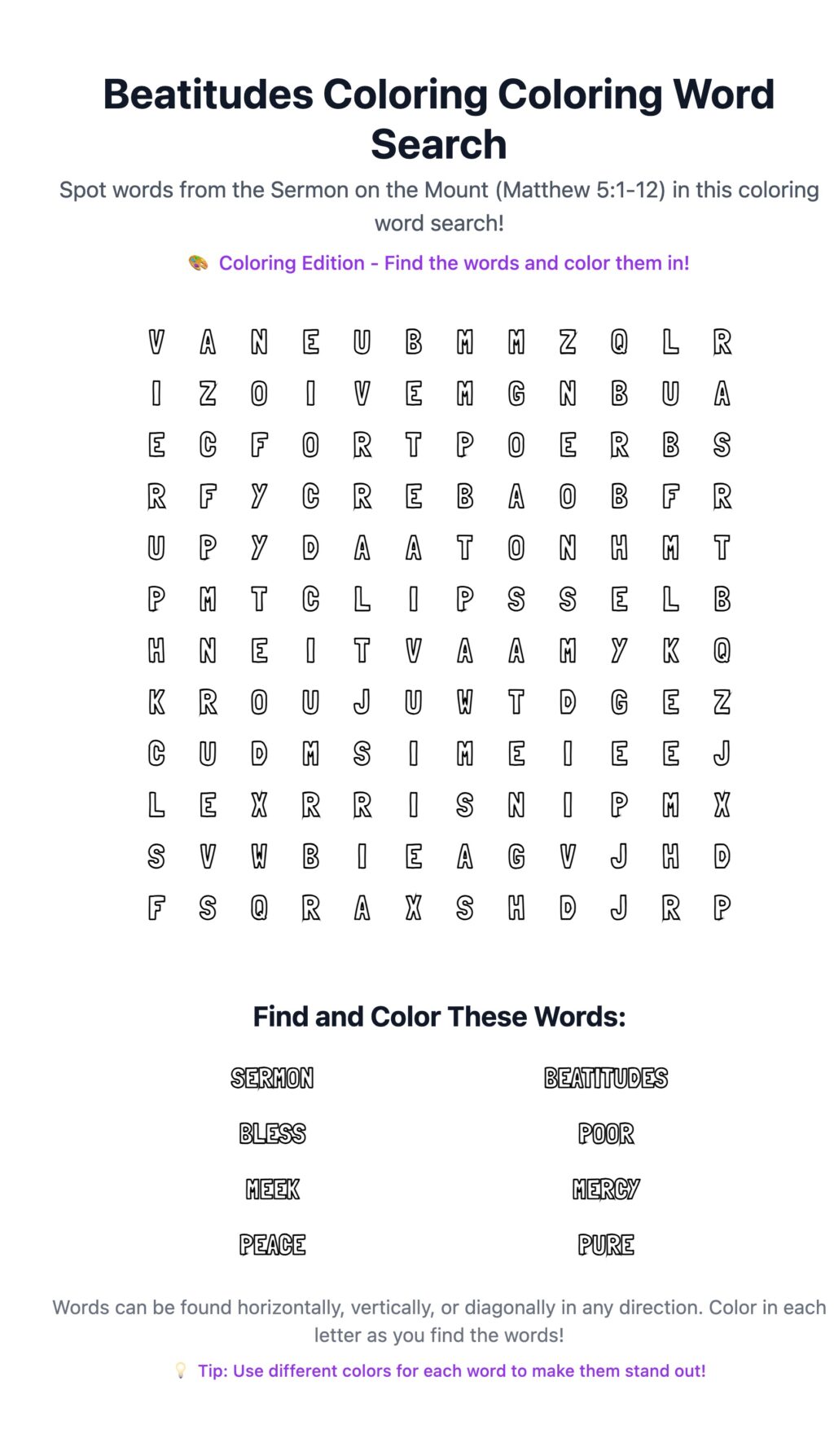 Beatitudes Coloring Word Search