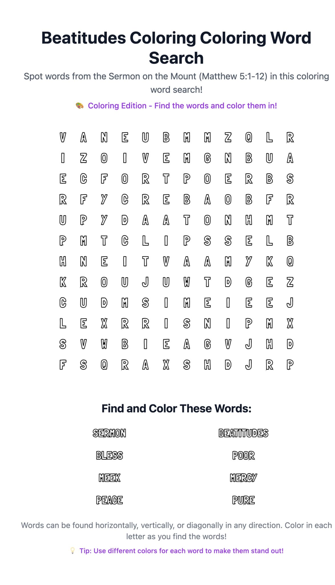 Beatitudes Coloring Word Search