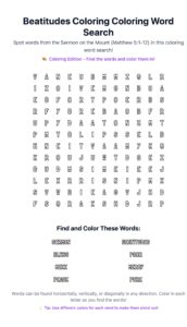 Beatitudes Coloring Word Search - Free Bible Worksheets